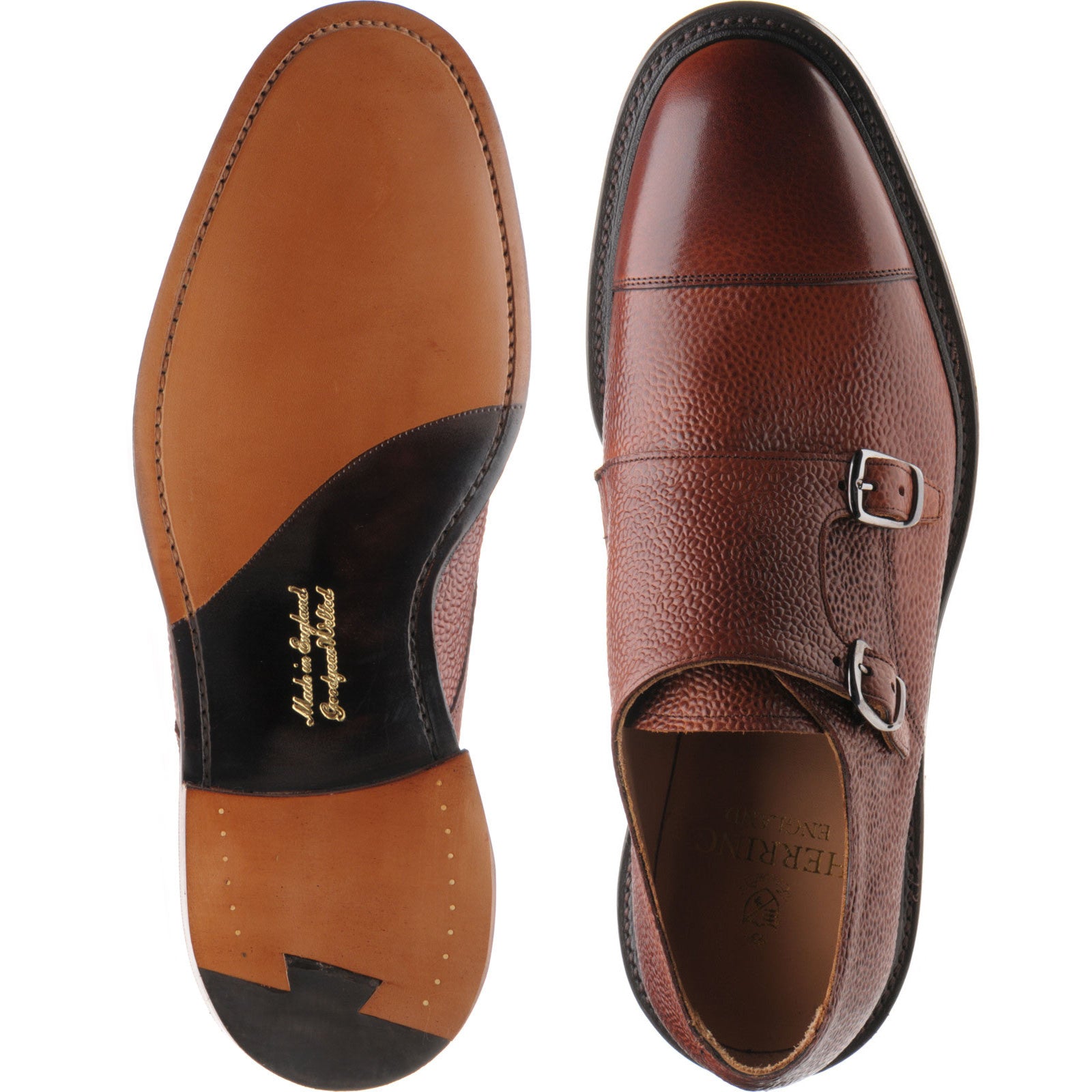 Herring Braybrooke mens double monk shoes in dark leaf grain (second ...